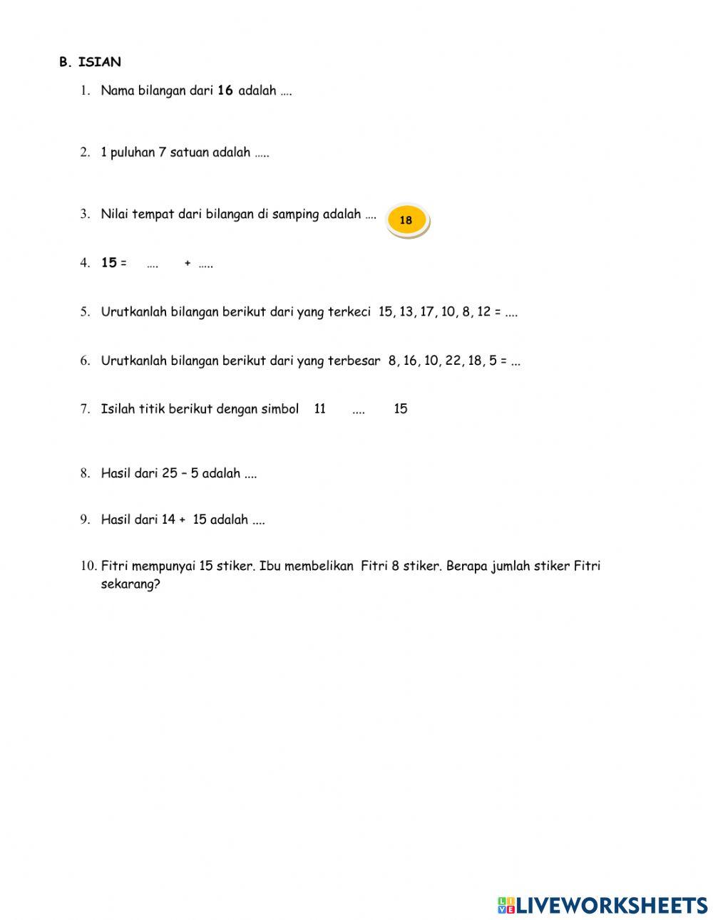 Matematika P1 online exercise for Primary 1 | Live Worksheets