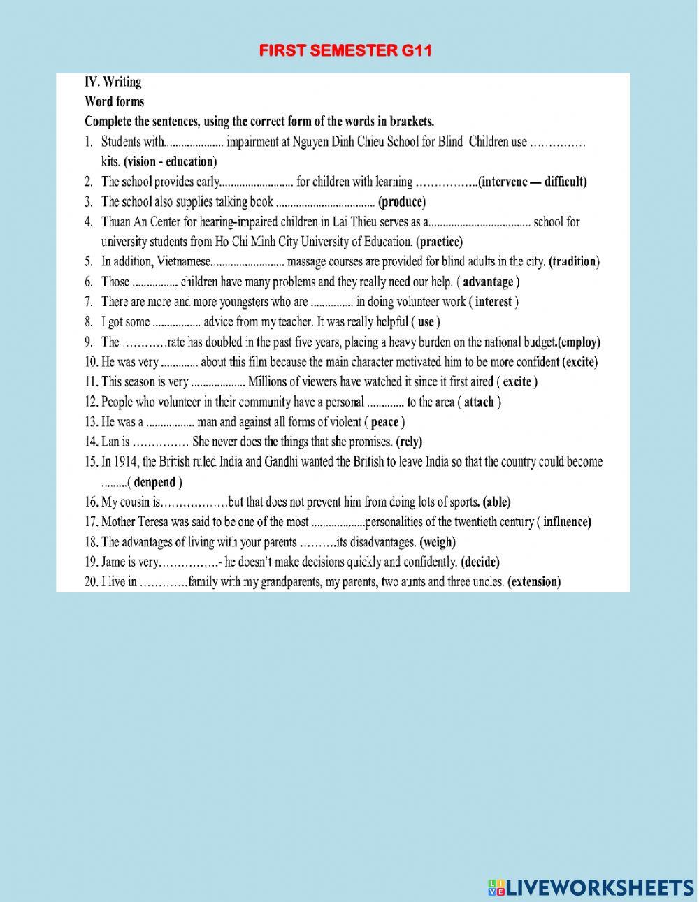 First semester g11 exercise | Live Worksheets