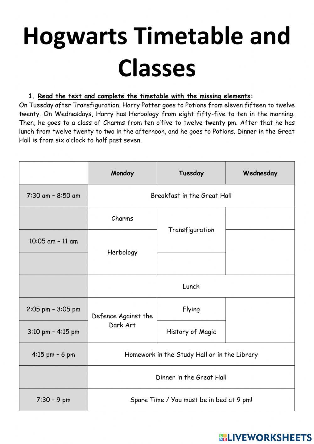 Hogwarts Timetable | ananalu | Live Worksheets