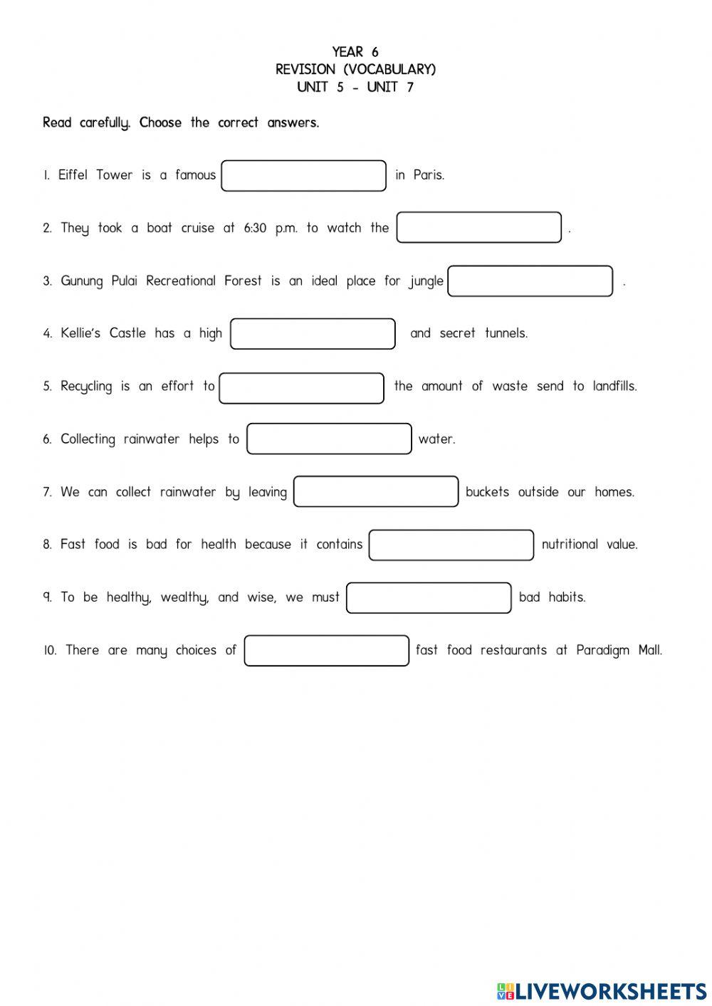 Year 6 (Vocabulary Revision - Unit 5 - Unit 7) worksheet | Live Worksheets