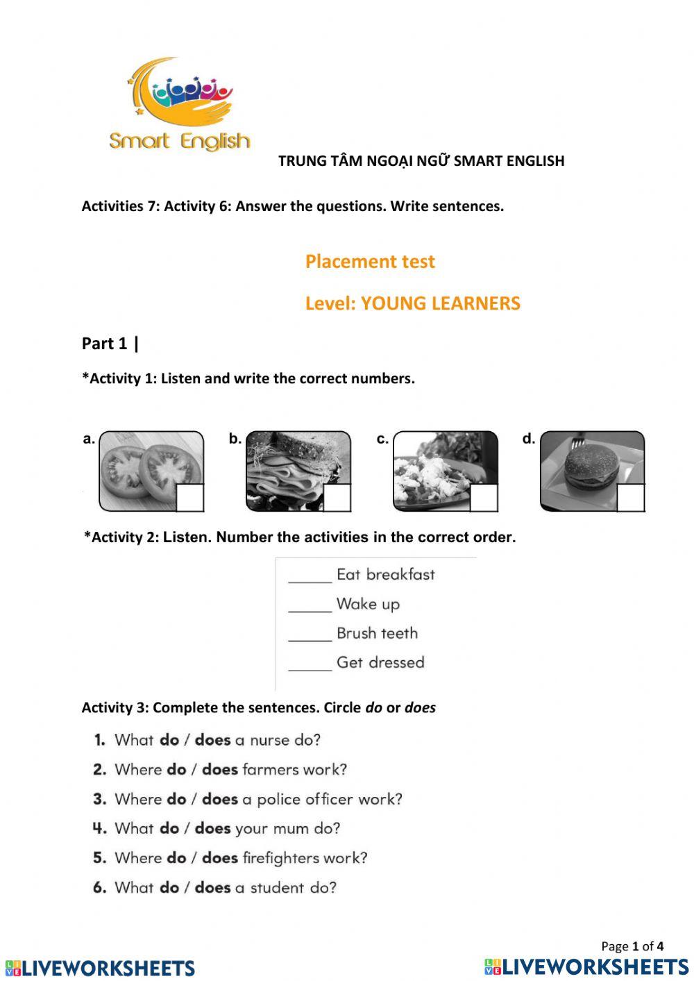 Placement Test for Young learners worksheet | Live Worksheets