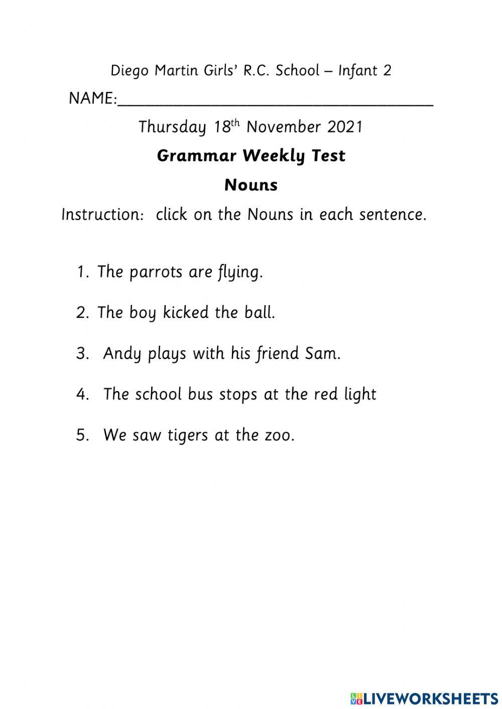 Grammar Weekly Test - Nouns 18.11.2021 online exercise for | Live ...