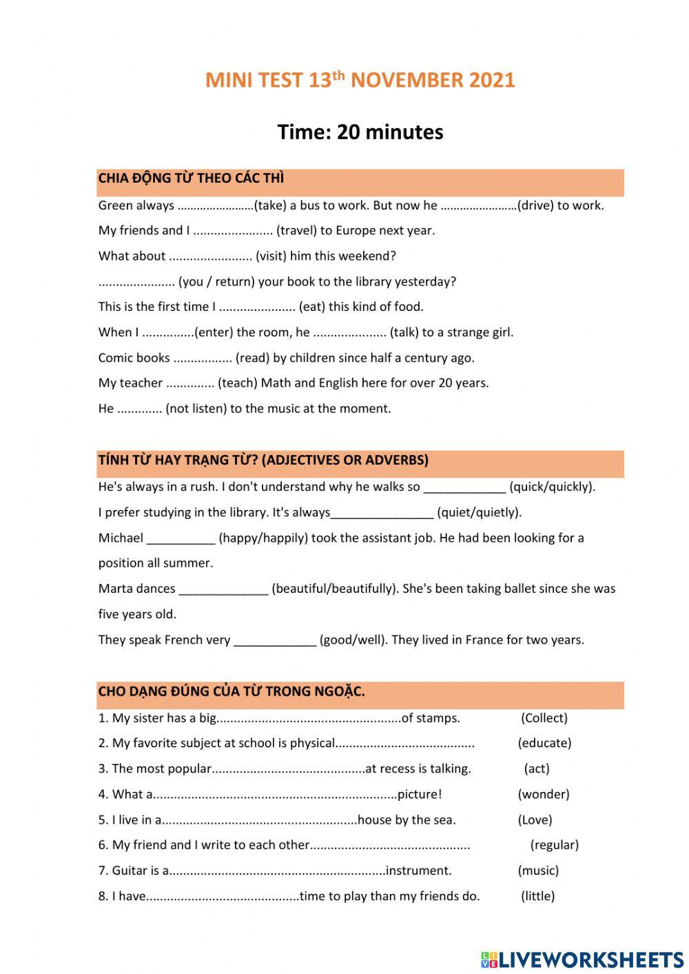 Mini test 1 exercise for Grade 5 | Live Worksheets