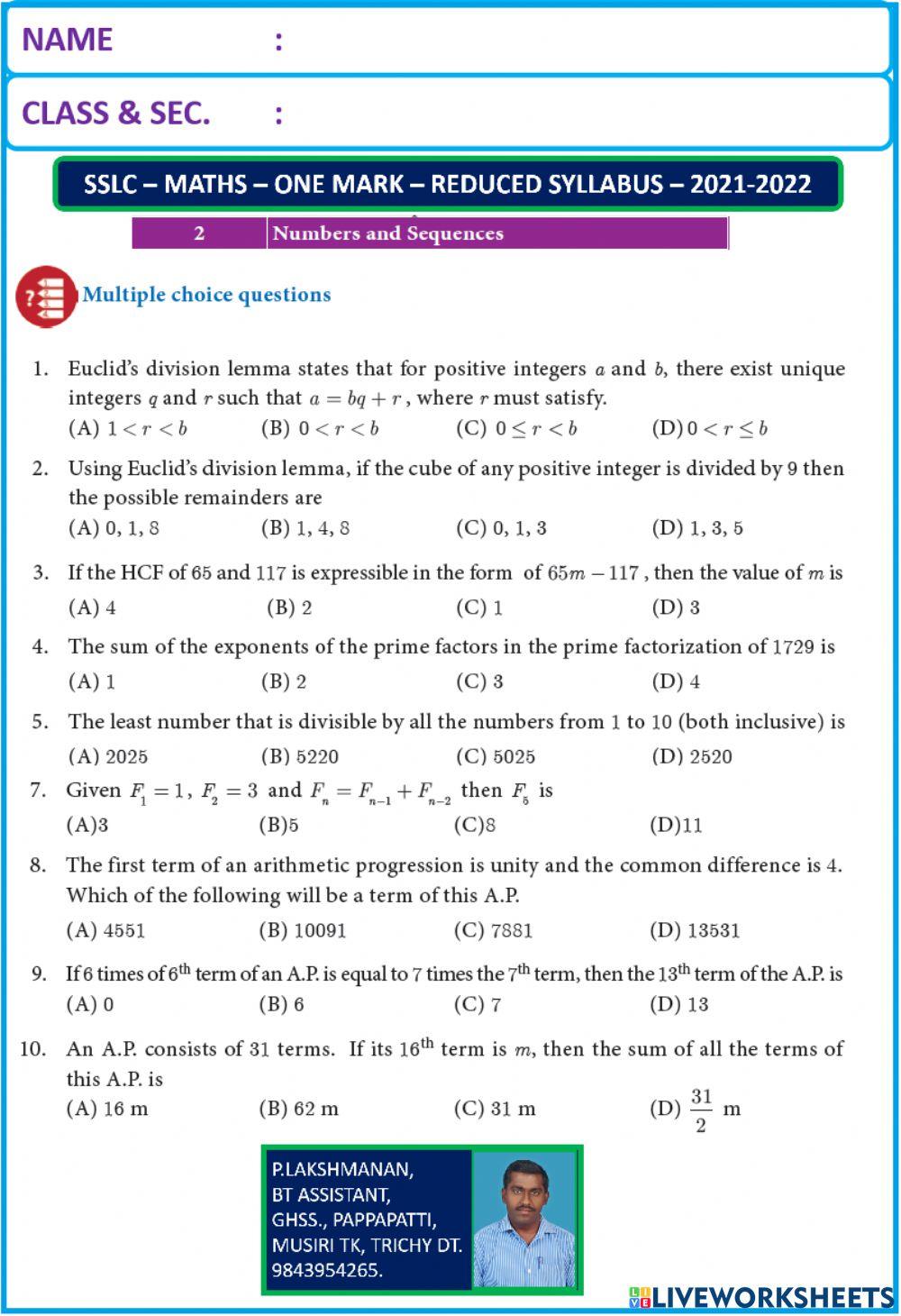 Sslc - maths - em - ch-2 - numbers and sequences - one mark - reduced ...