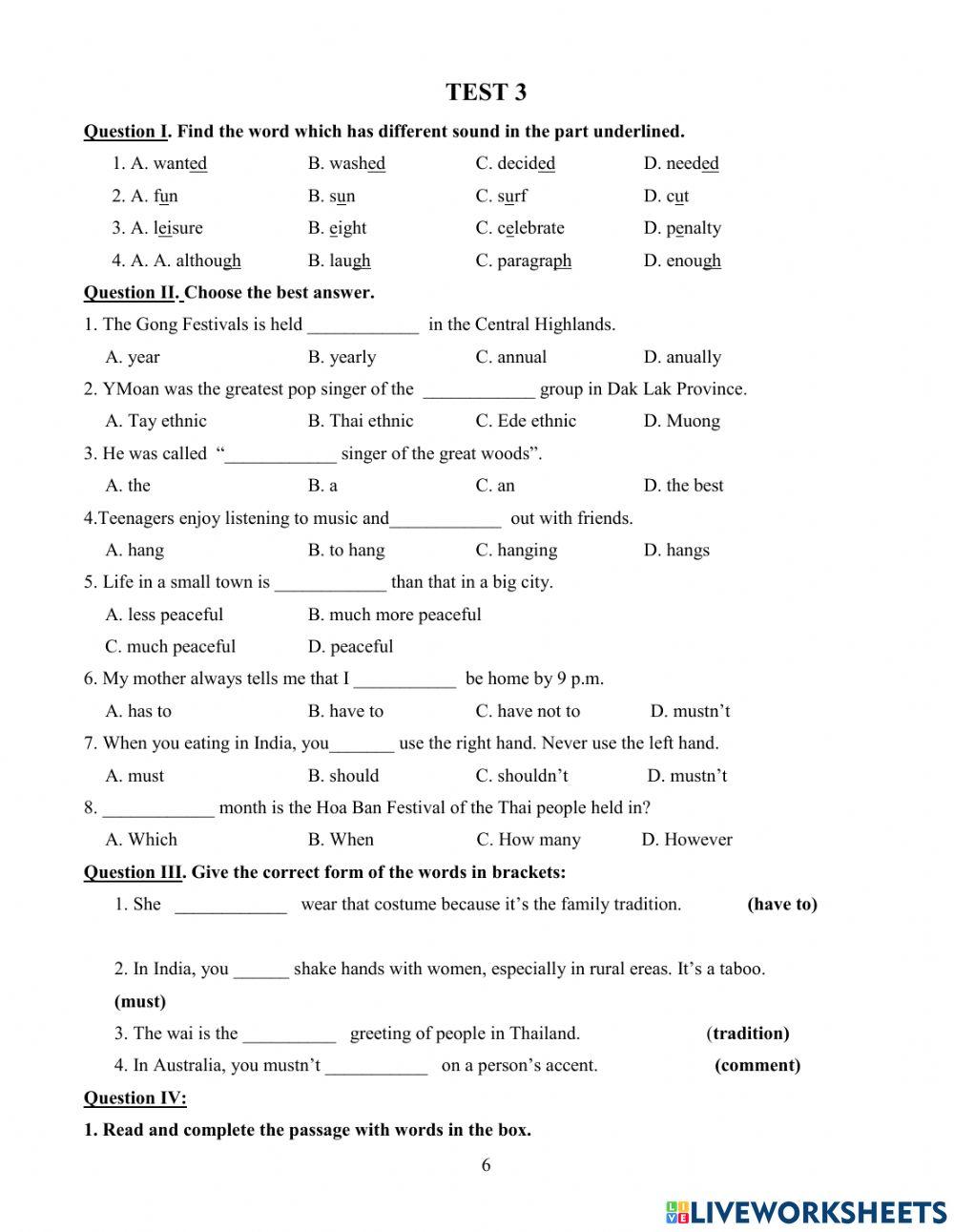 Test 3 interactive exercise for Grade 8 | Live Worksheets