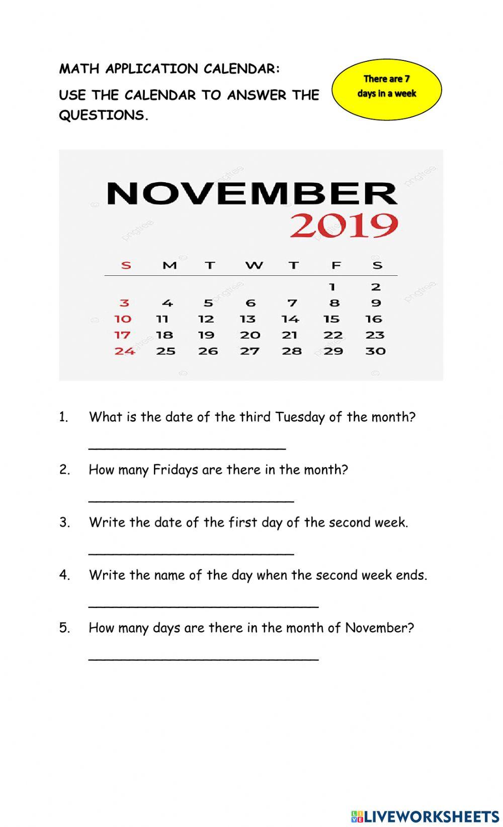 Math Application Calendar online exercise for | Live Worksheets