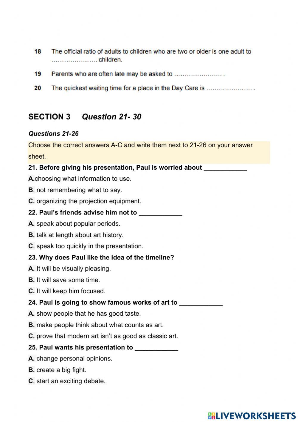 MINI TEST 5 FOR IELTS worksheet | Live Worksheets