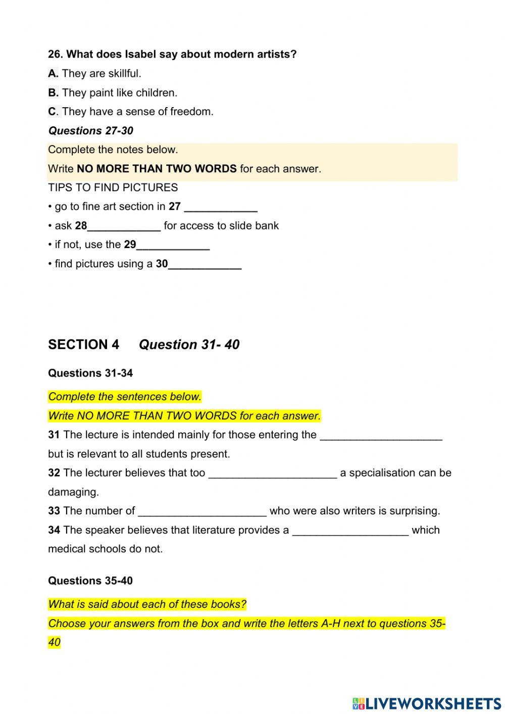 MINI TEST 5 FOR IELTS worksheet | Live Worksheets