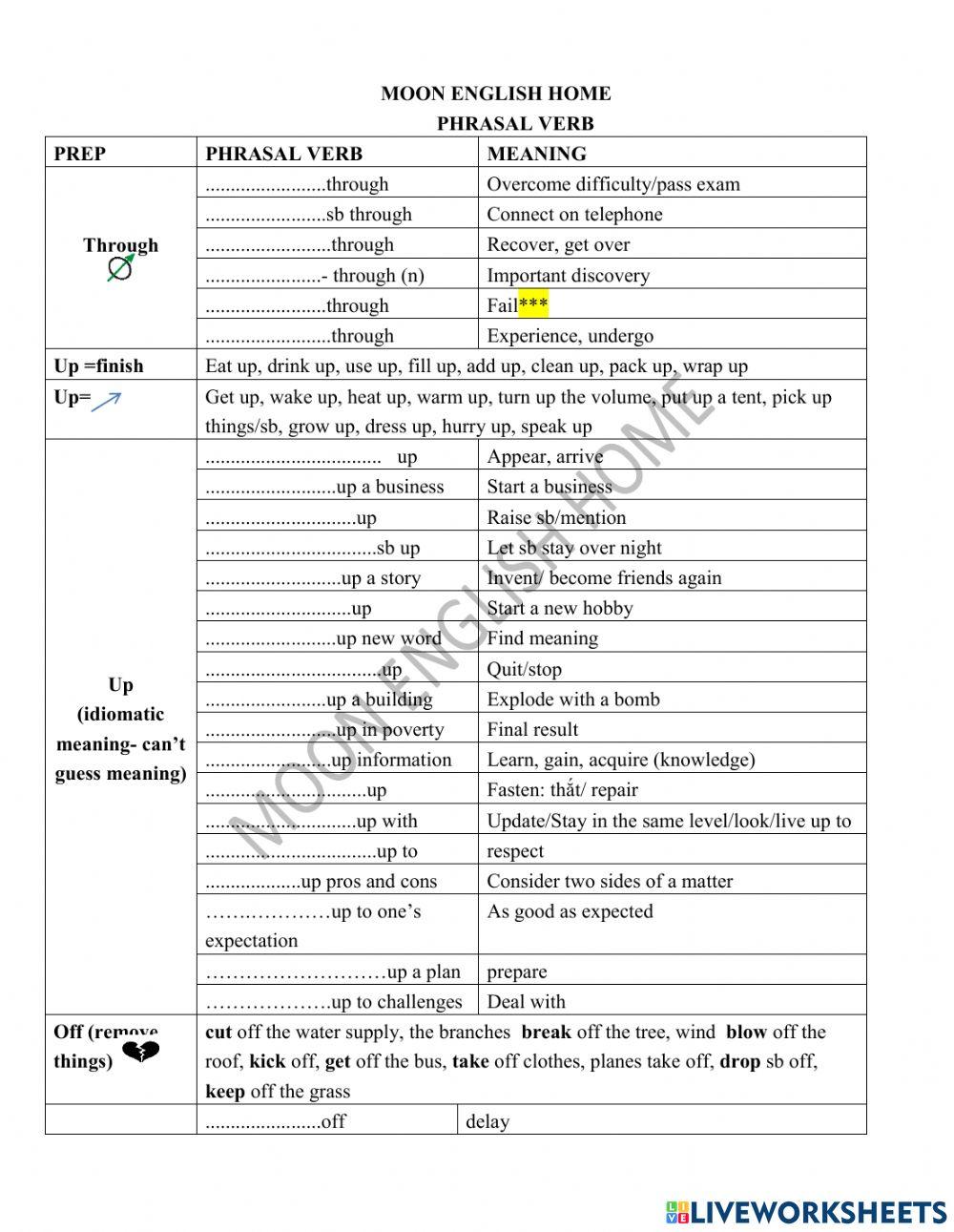 Grade 12- Phrasal Verbs- Theory worksheet | Live Worksheets
