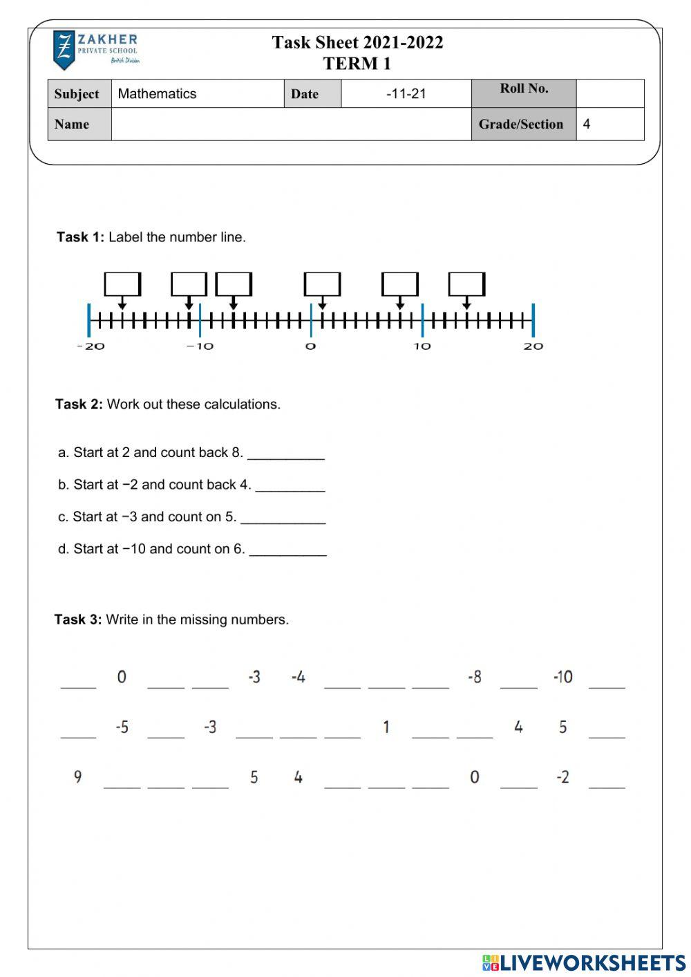 Negative Numbers Worksheet 2 online exercise for | Live Worksheets