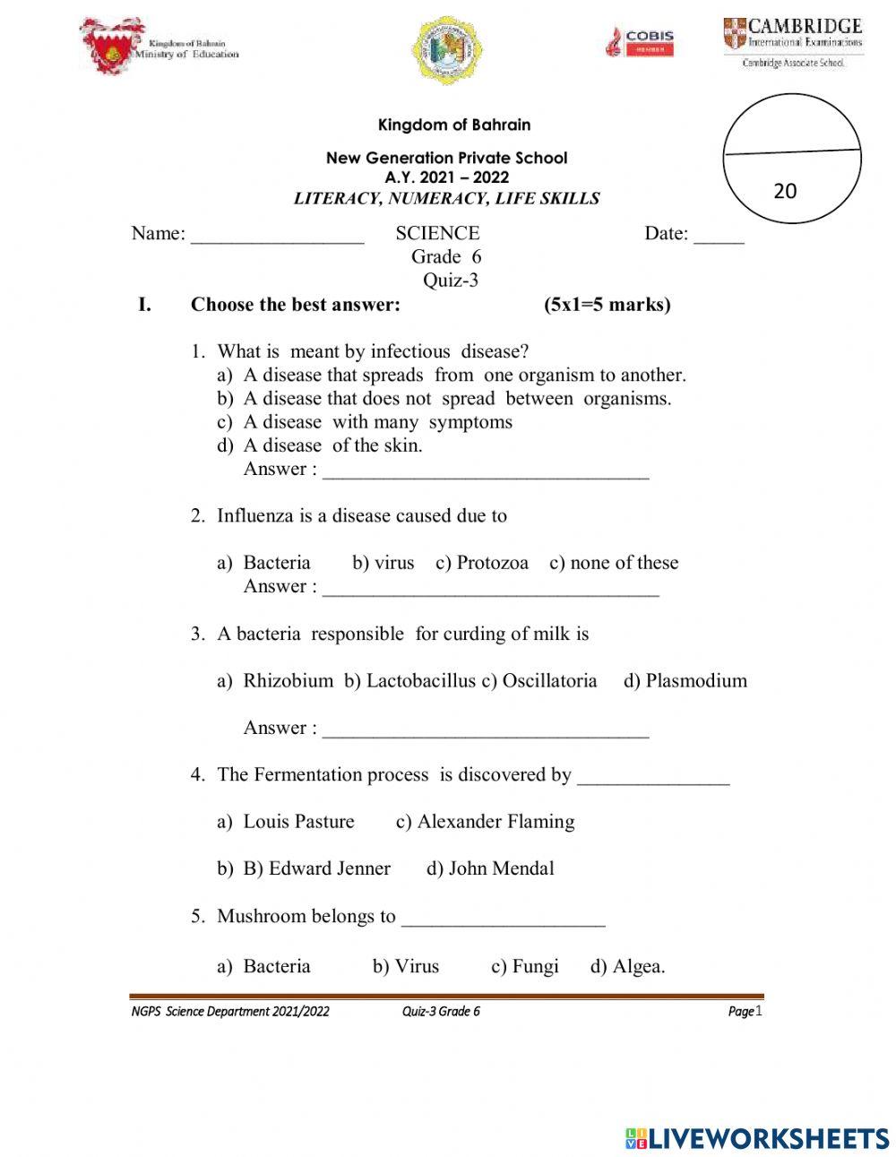 Quiz-3 Microorganisms and diseases. online exercise for | Live Worksheets