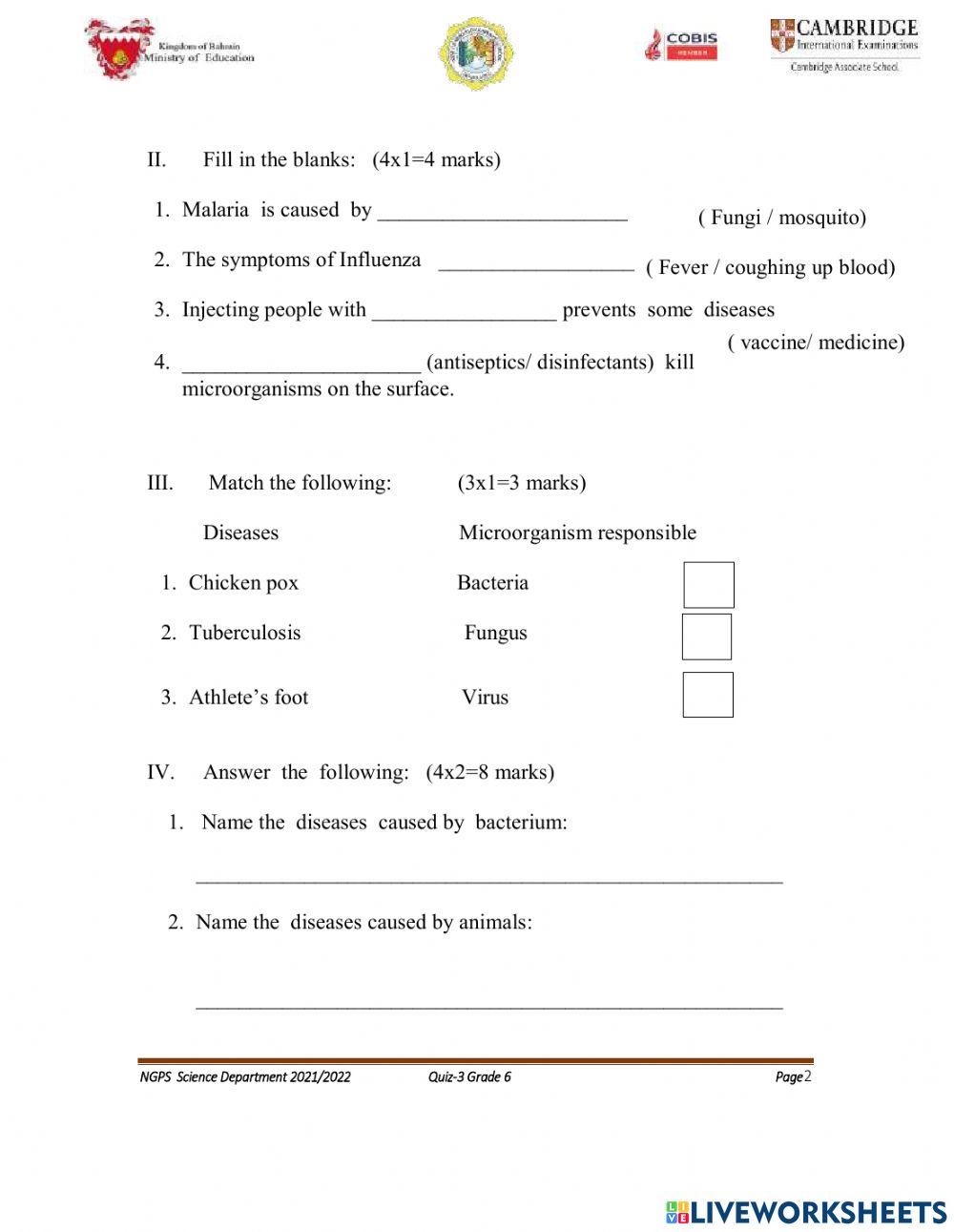 Quiz-3 Microorganisms and diseases. online exercise for | Live Worksheets