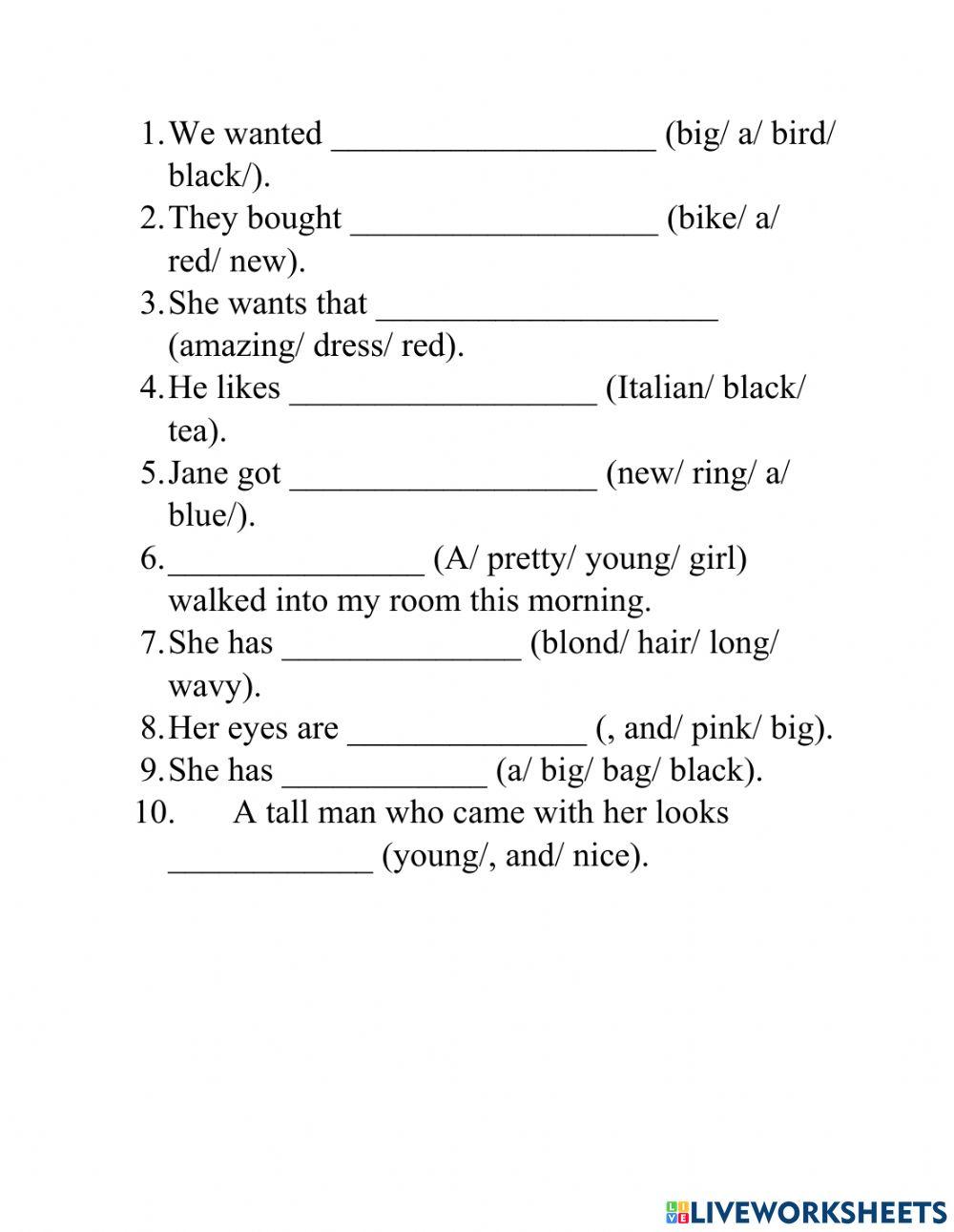 Order of adjectives online exercise for | Live Worksheets