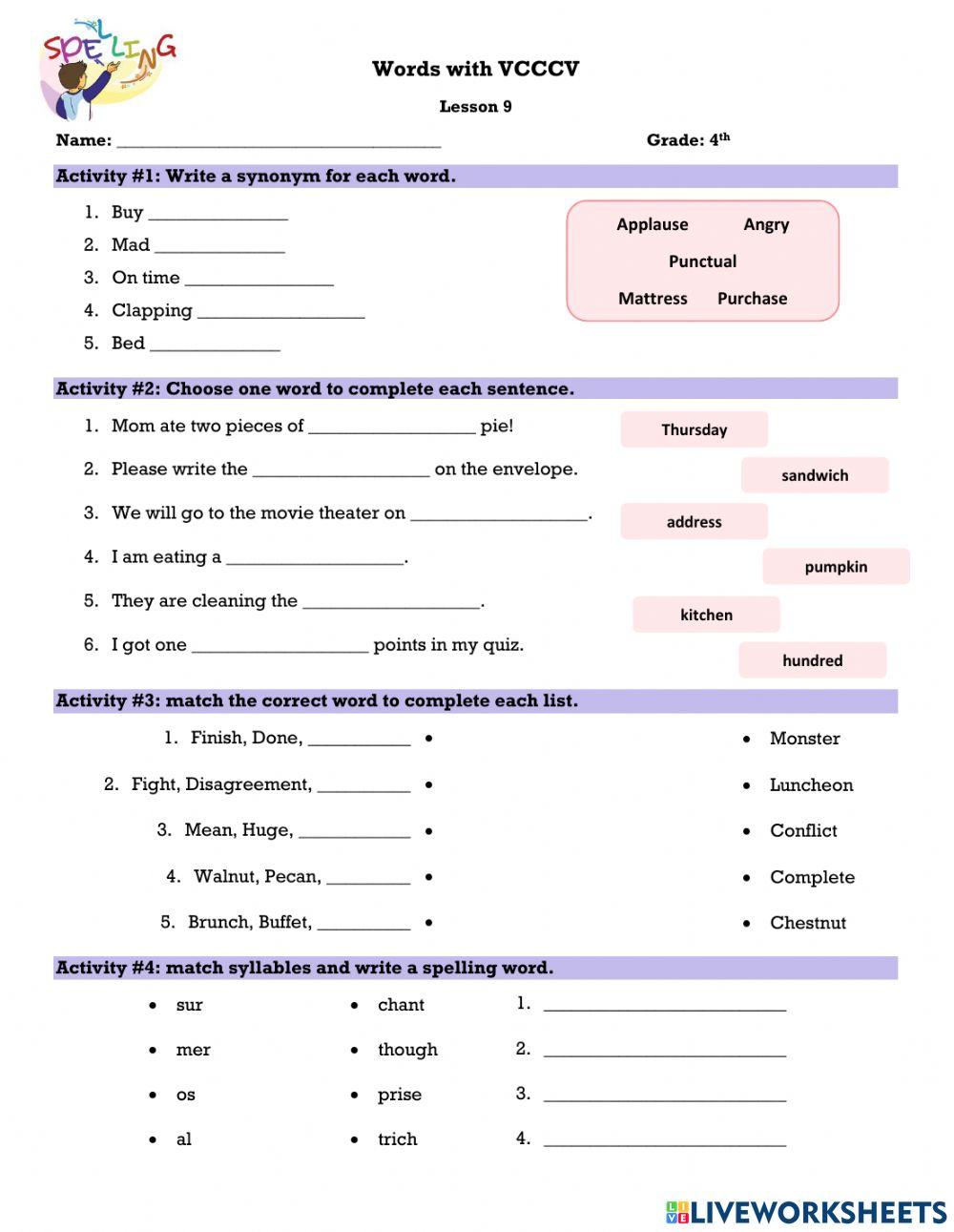 Words with VCCCV worksheet | Live Worksheets