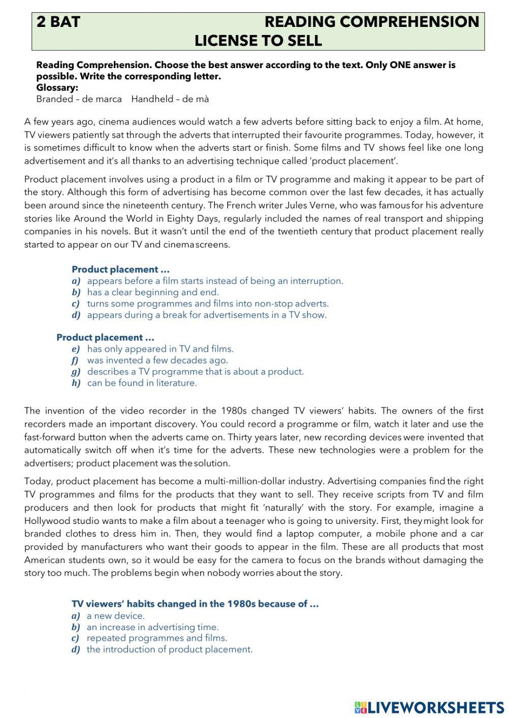 Reading comprehension online exercise for 2 bat | Live Worksheets