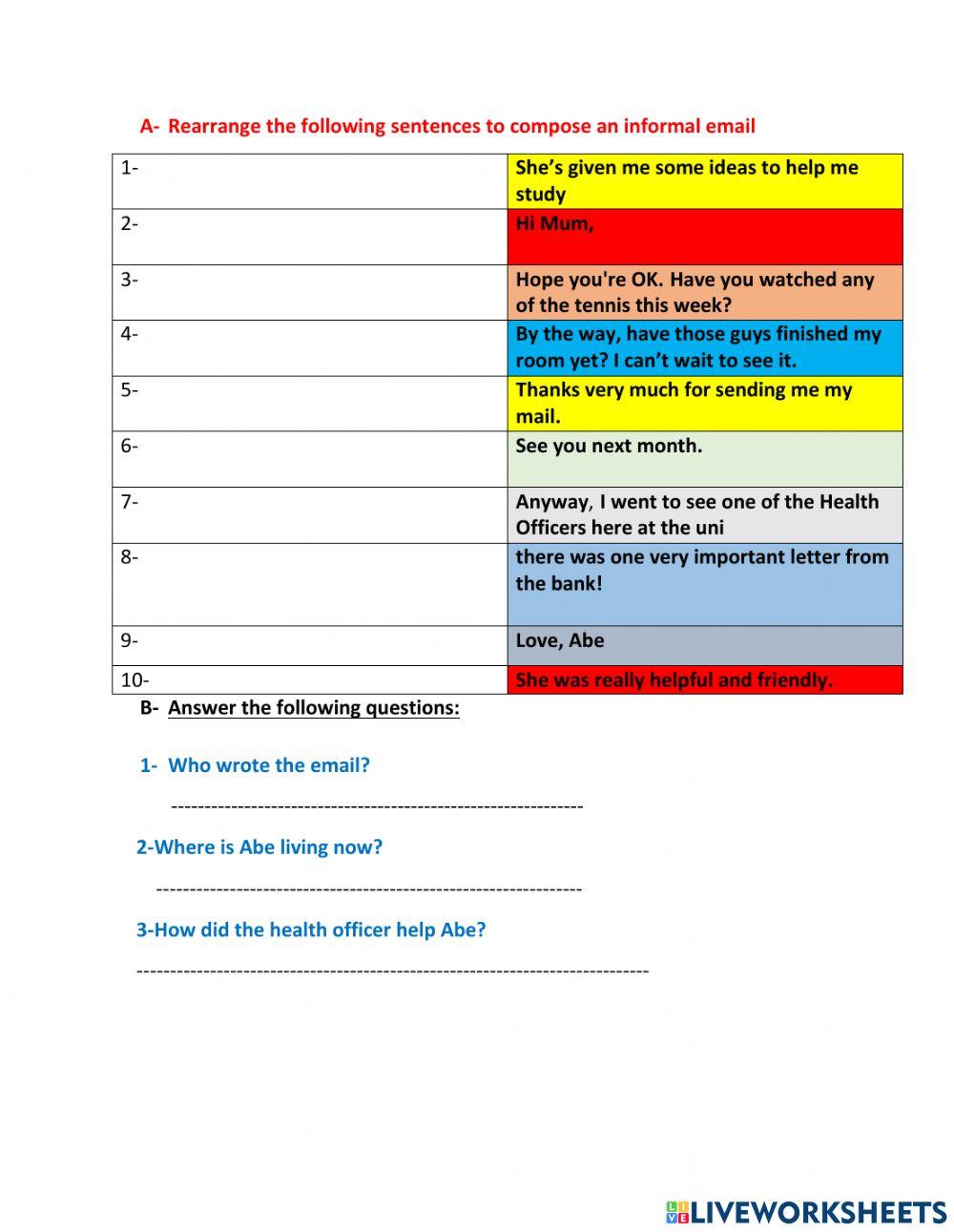 Rearrange the sentences to form an email online exercise for | Live ...