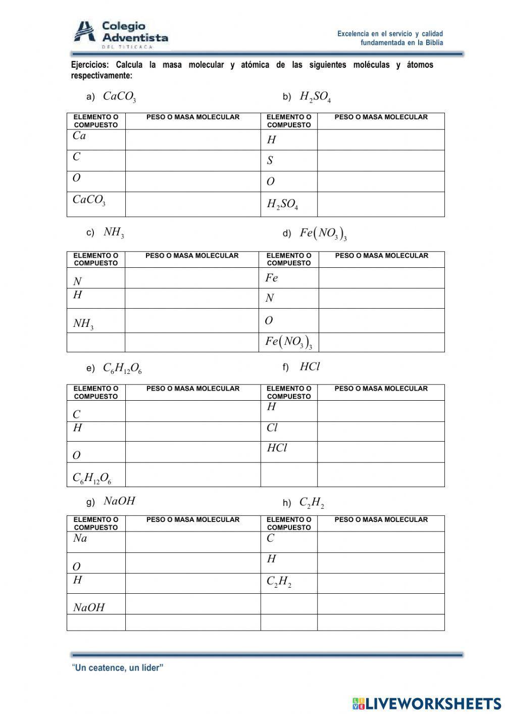 Masa molecular … | Free Interactive Worksheets | 1642801