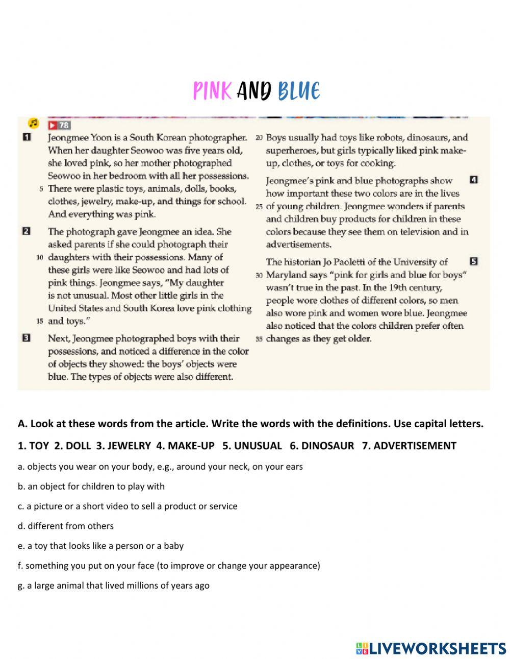PINK AND BLUE online exercise for | Live Worksheets