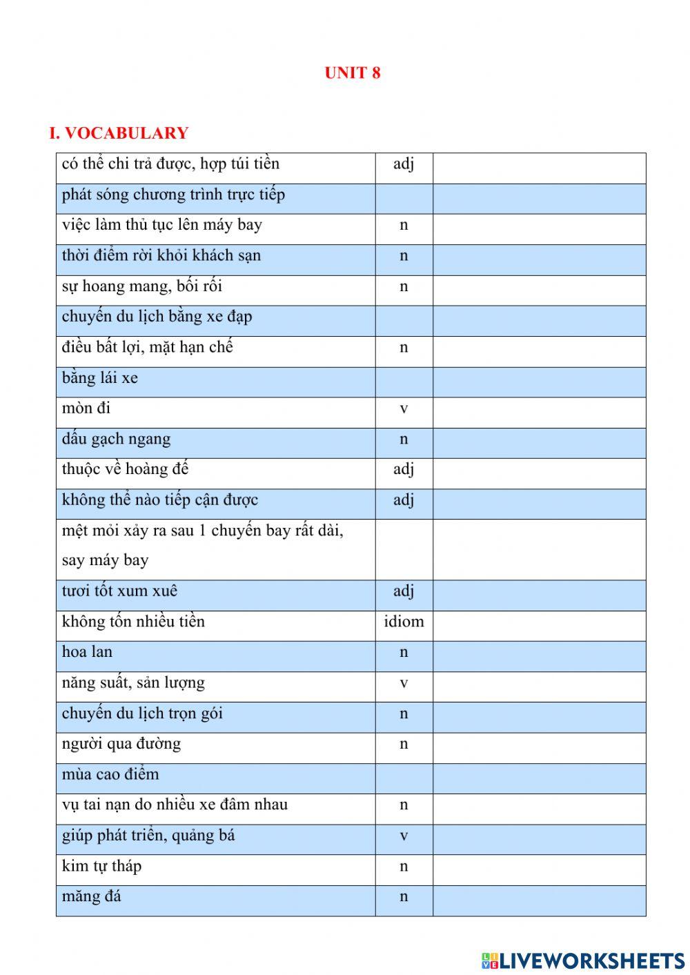 Grade 9 - Unit 8 worksheet | Live Worksheets