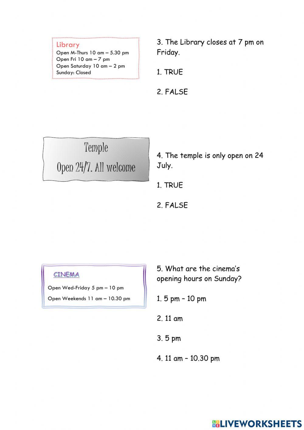 Opening hours | Free Interactive Worksheets | 1643356