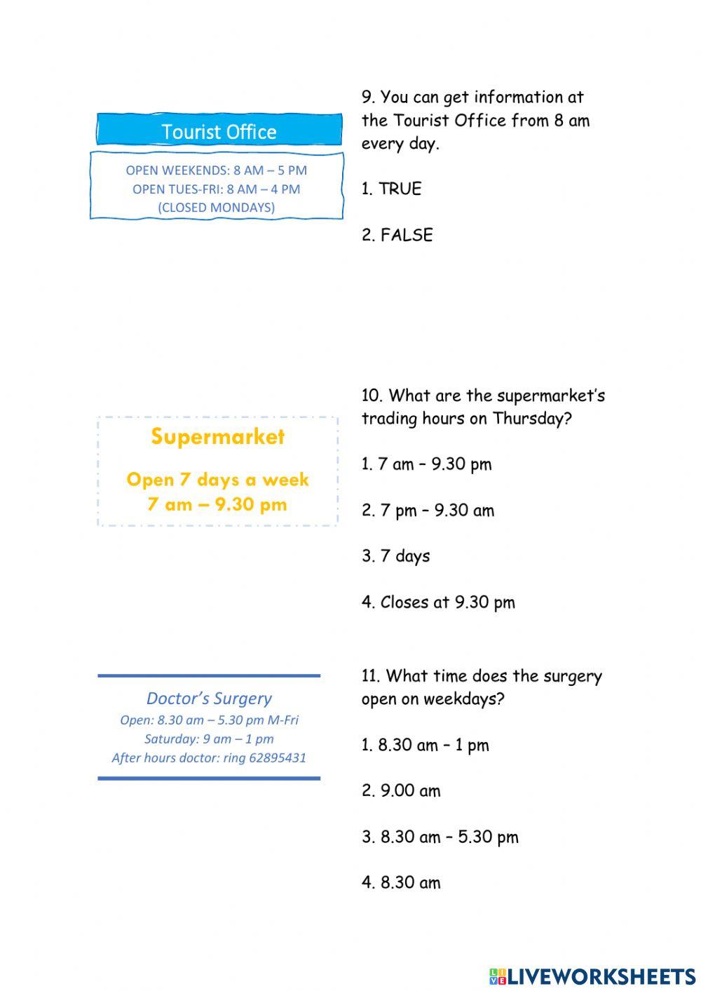 Opening hours | Free Interactive Worksheets | 1643356