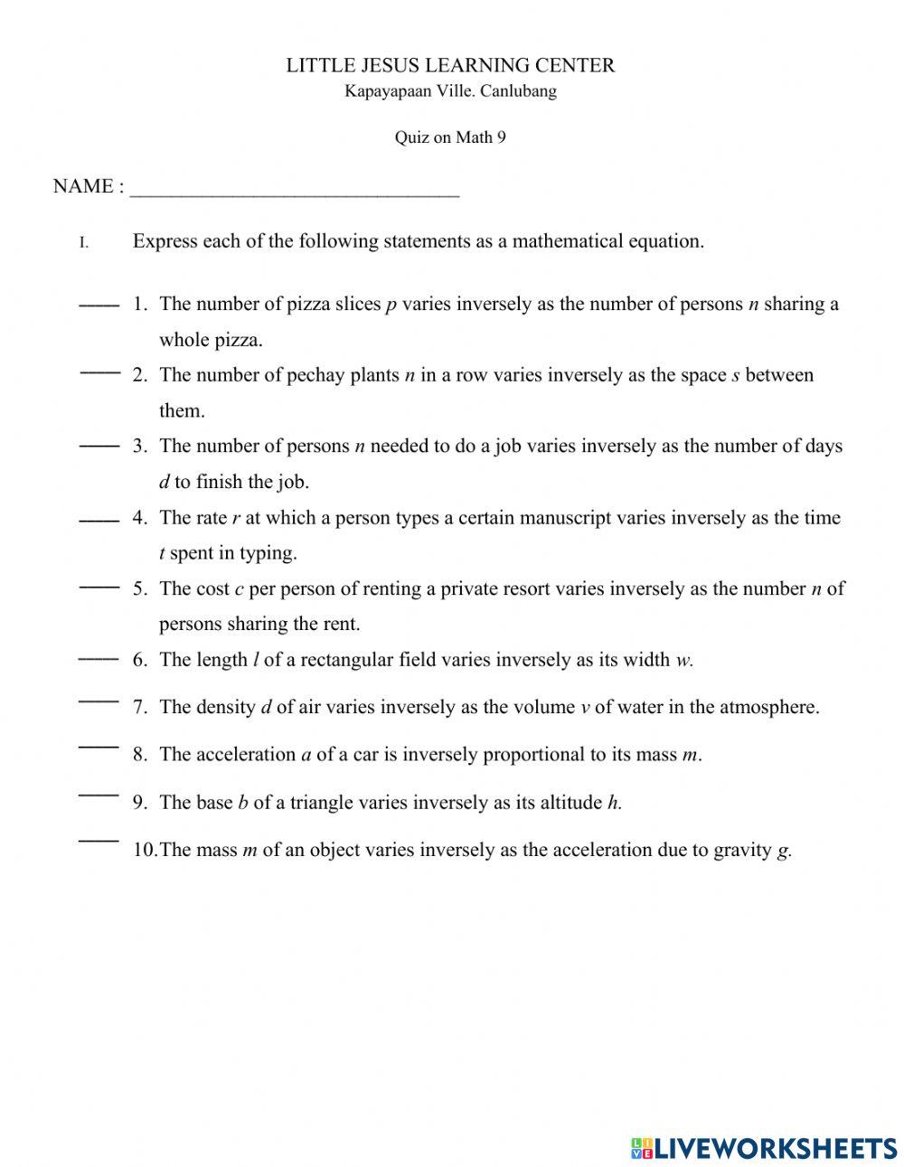 indirect variation worksheet