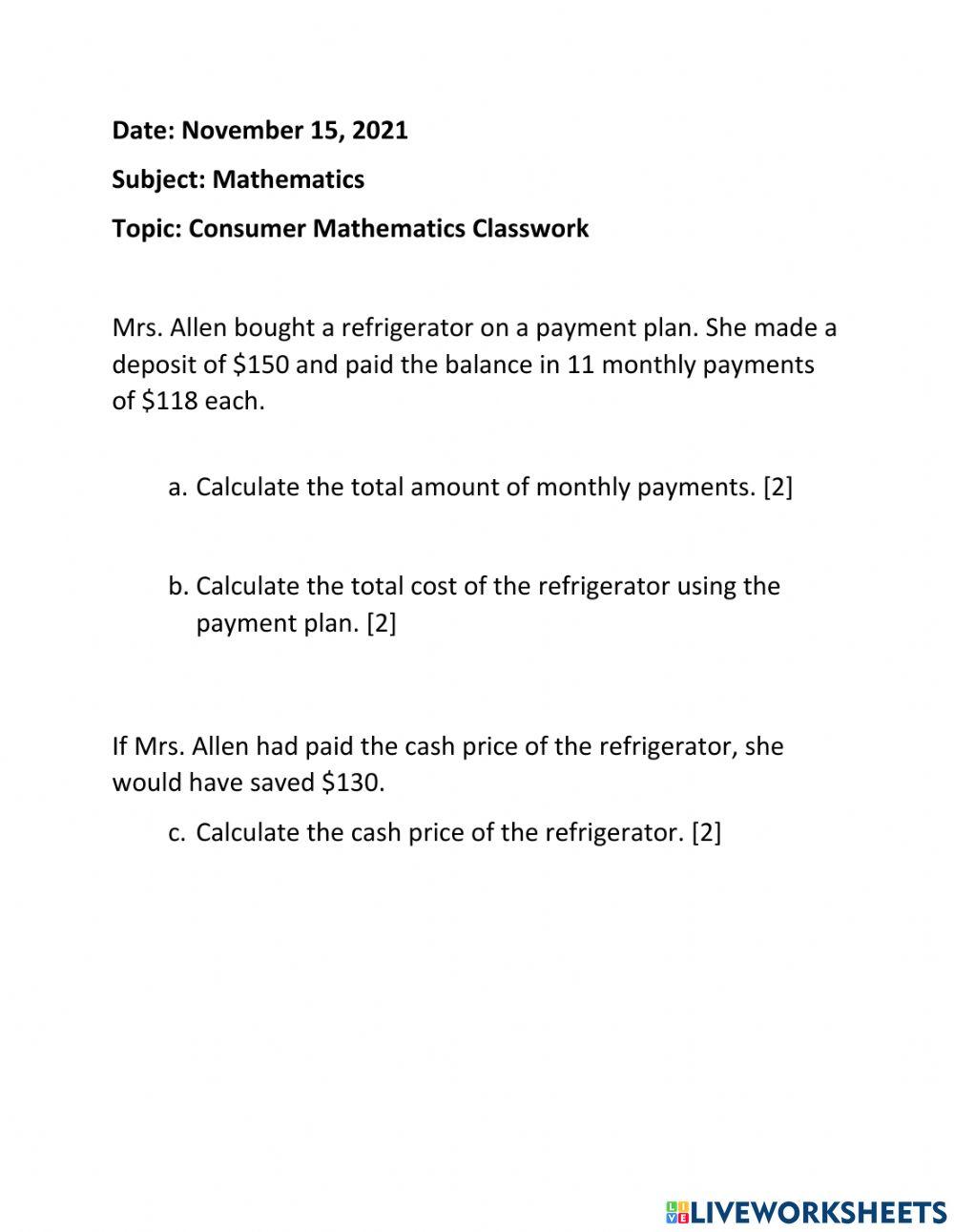 Hire Purchase Classwork worksheet | Live Worksheets