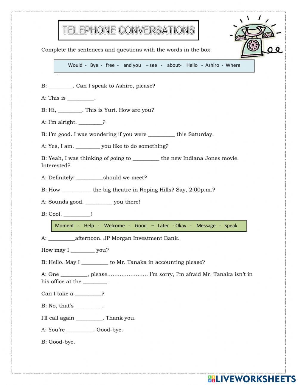 Telephone conversation M.4-1-4-2 sheet 1 online exercise for | Live ...