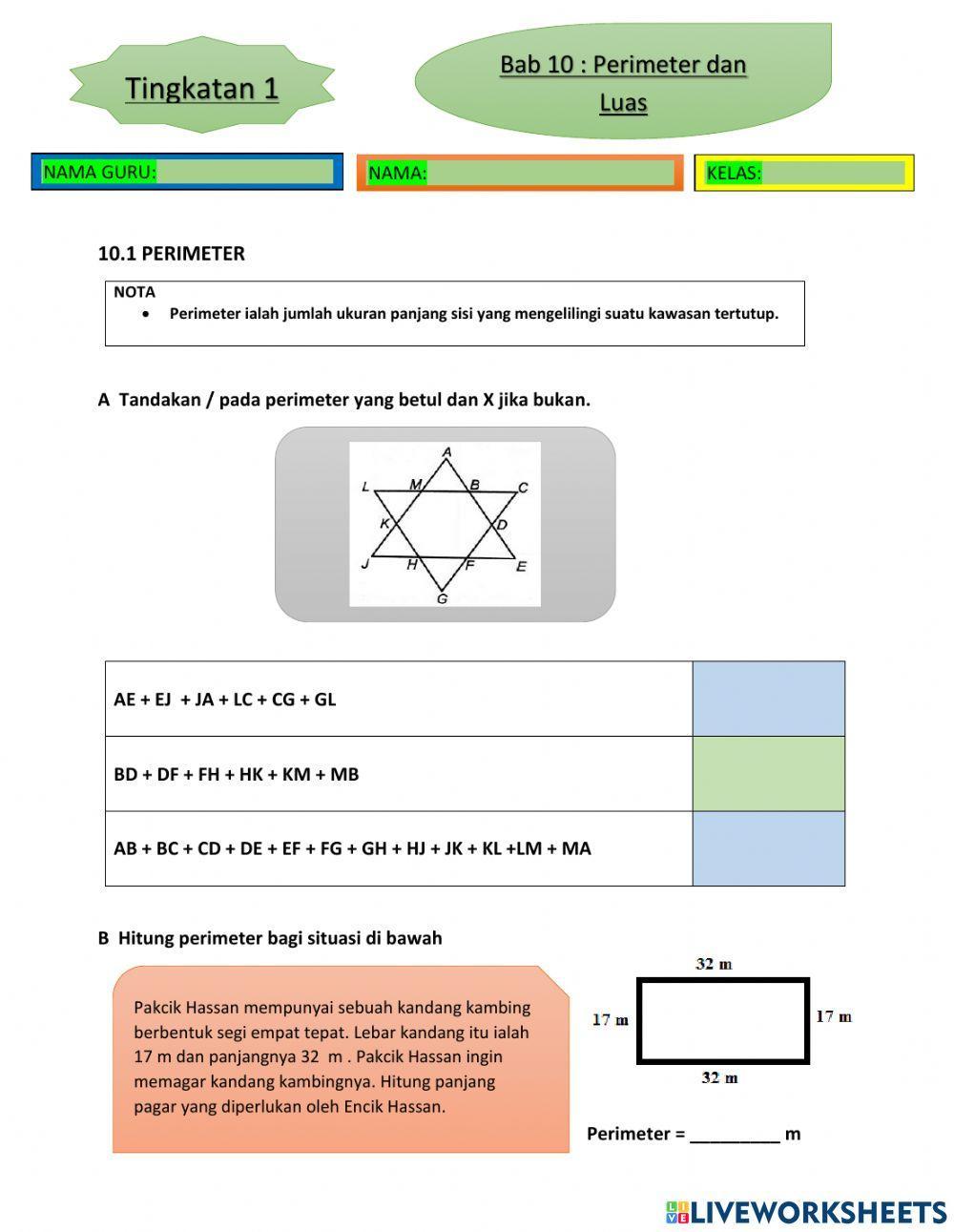 Bab 1 perimeter dan luas matematik tingkatan 1 worksheet | Live Worksheets