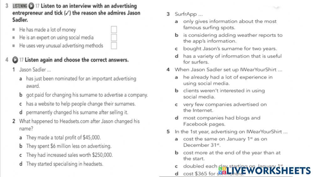LISTENING B2+ - UNIT 7 - WORKBOOK online exercise for | Live Worksheets