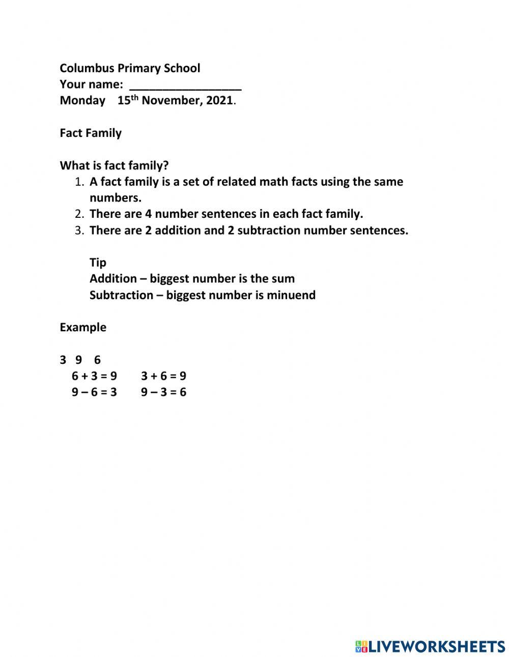 Fact Family Online Pdf Activity Live Worksheets fact-family-online-pdf-activity-live-worksheets