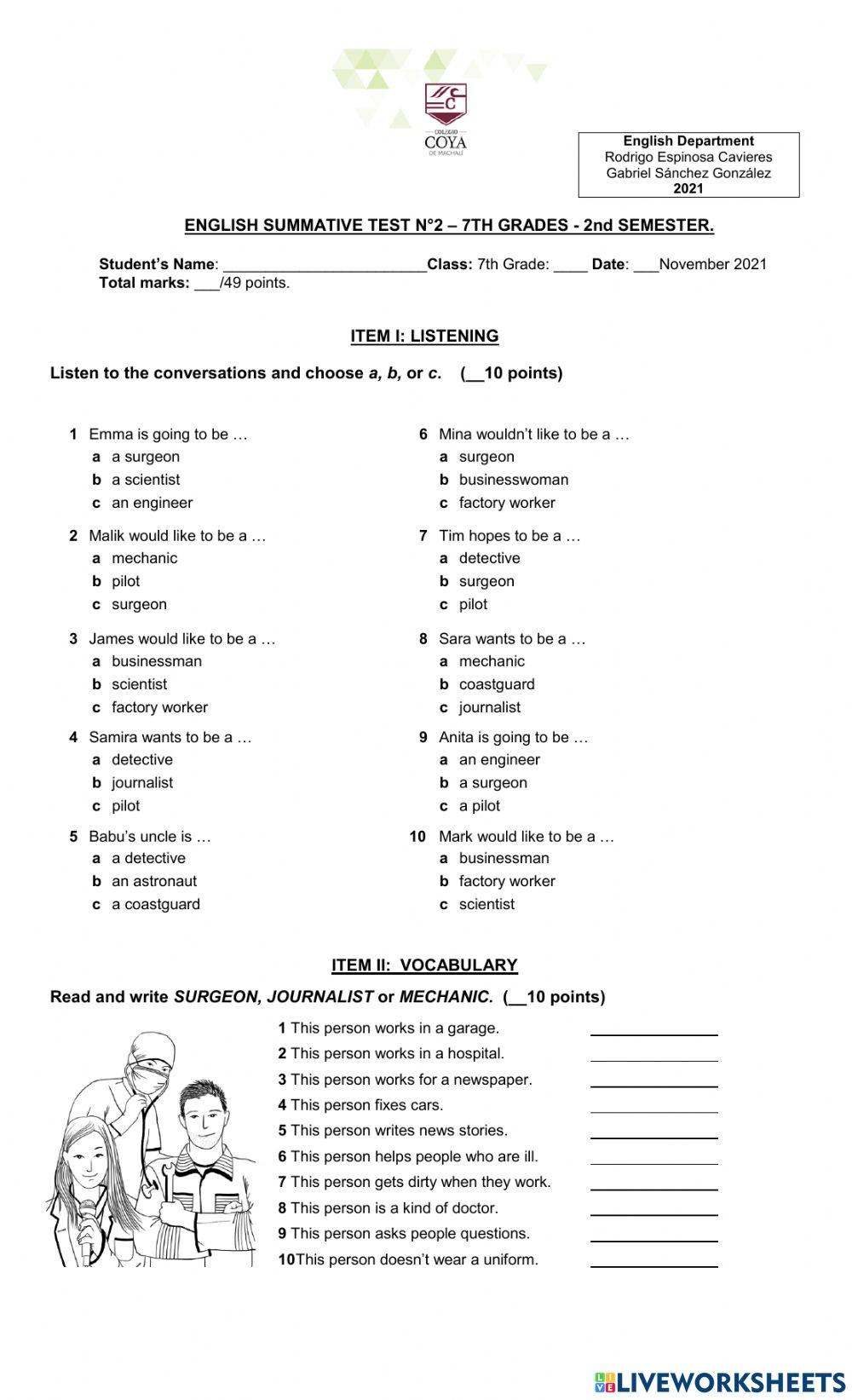 ENGLISH SUMMATIVE 2 - 7th GRADES - 2nd SEMESTER online exercise for | Live Worksheets