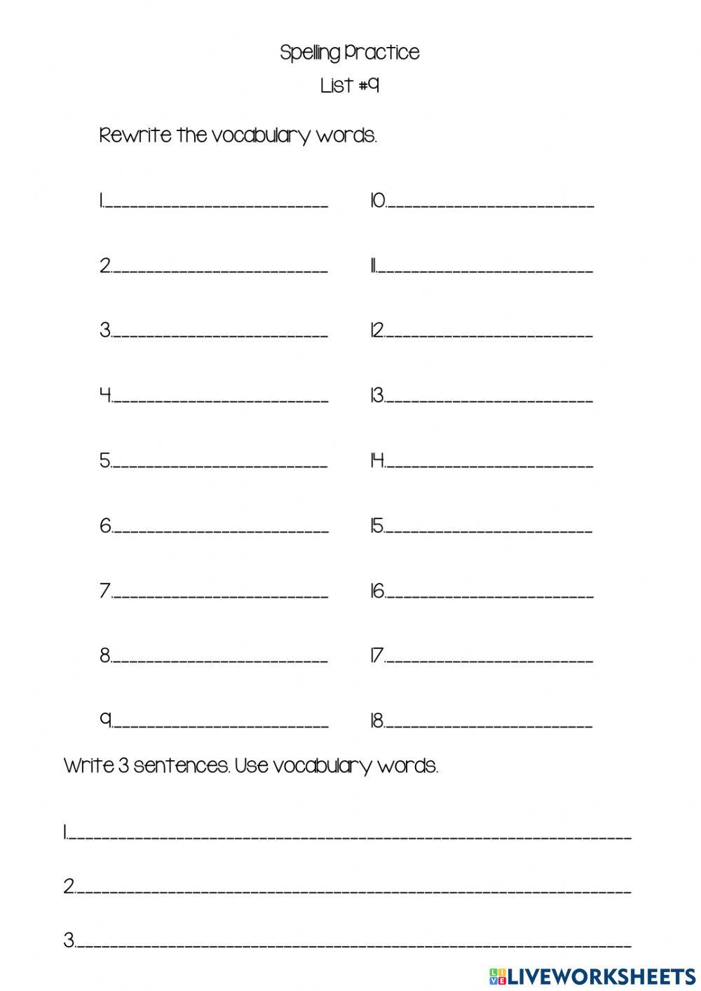 Spelling List 9 exercise | Live Worksheets
