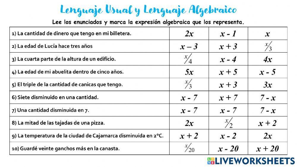 Lenguaje algebraico interactive activity for Grado 4, 5 | Live Worksheets