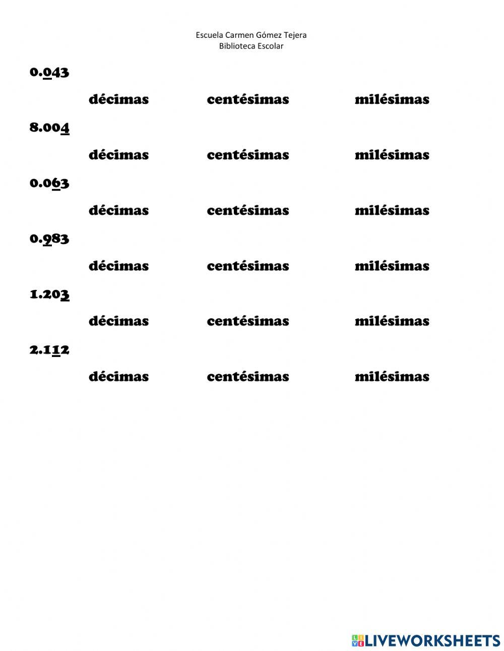 Reconocer el lugar decimal worksheet | Live Worksheets