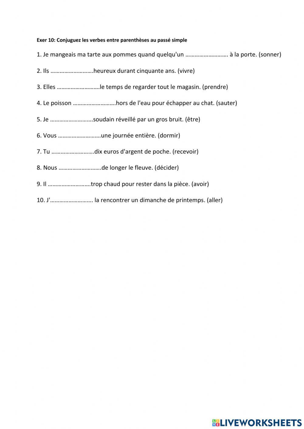 Exer 10: Conjuguez les verbes entre parenthèses au passé simple online ...