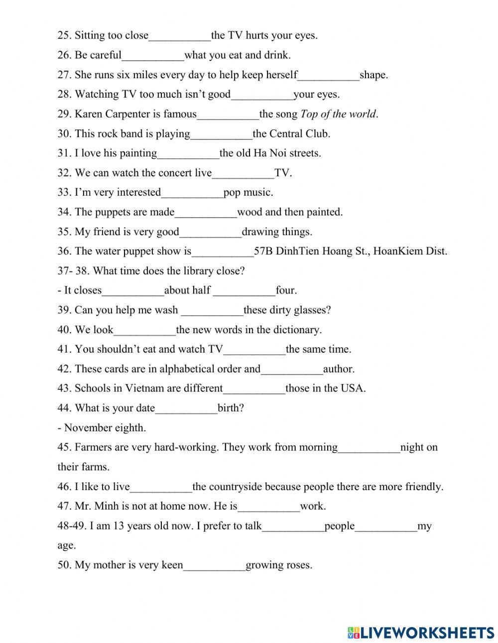 Preposition- Part 1 worksheet | Live Worksheets