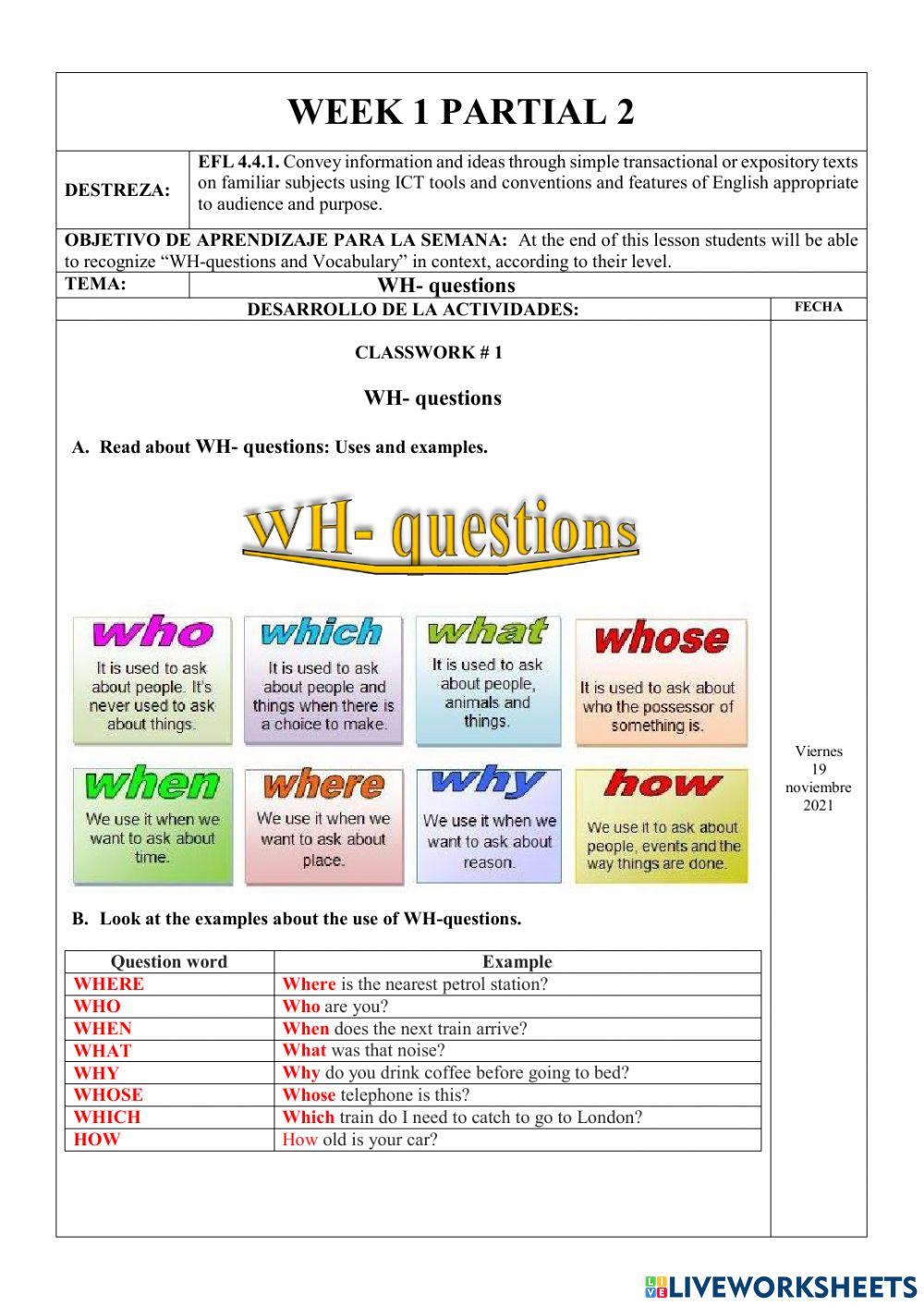 Ejercicios Online-WH-questions-10th EGB | Martha Gudino