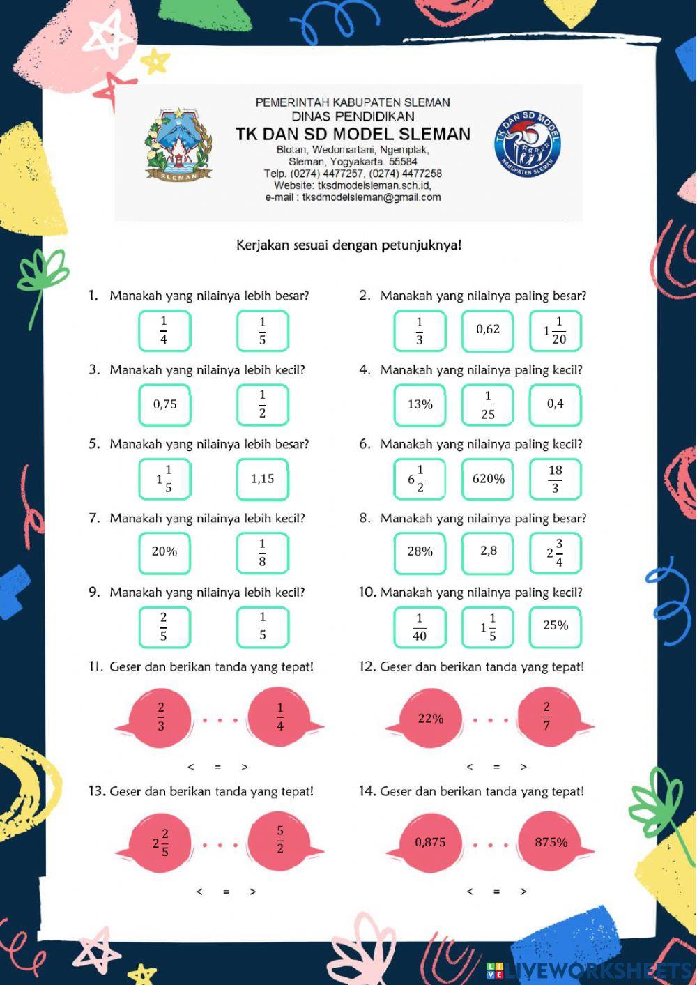 Evaluasi PM - Membandingkan Mengurutkan Pecahan worksheet | Live Worksheets
