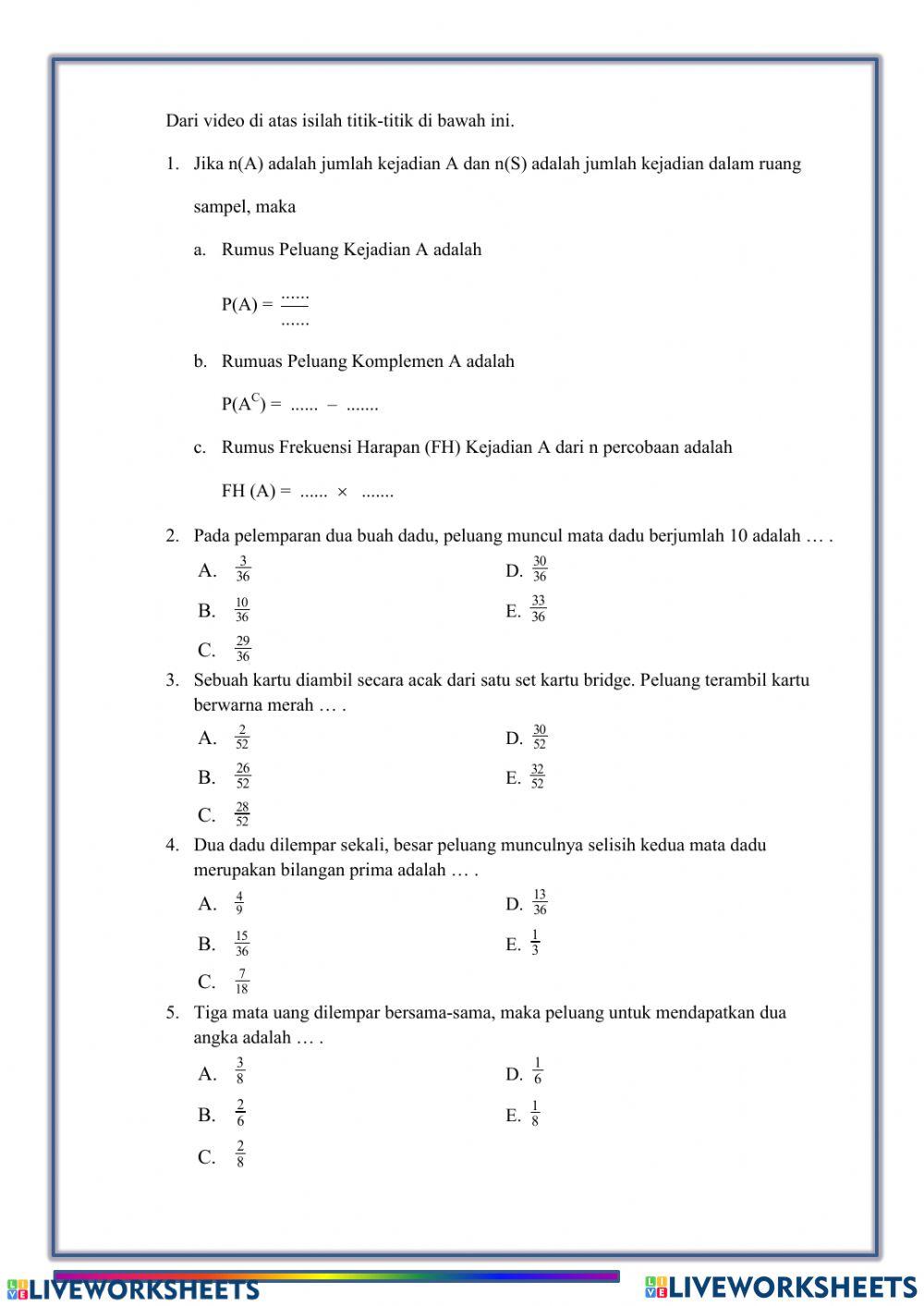 peluang kelas XII | yulfitri | Live Worksheets