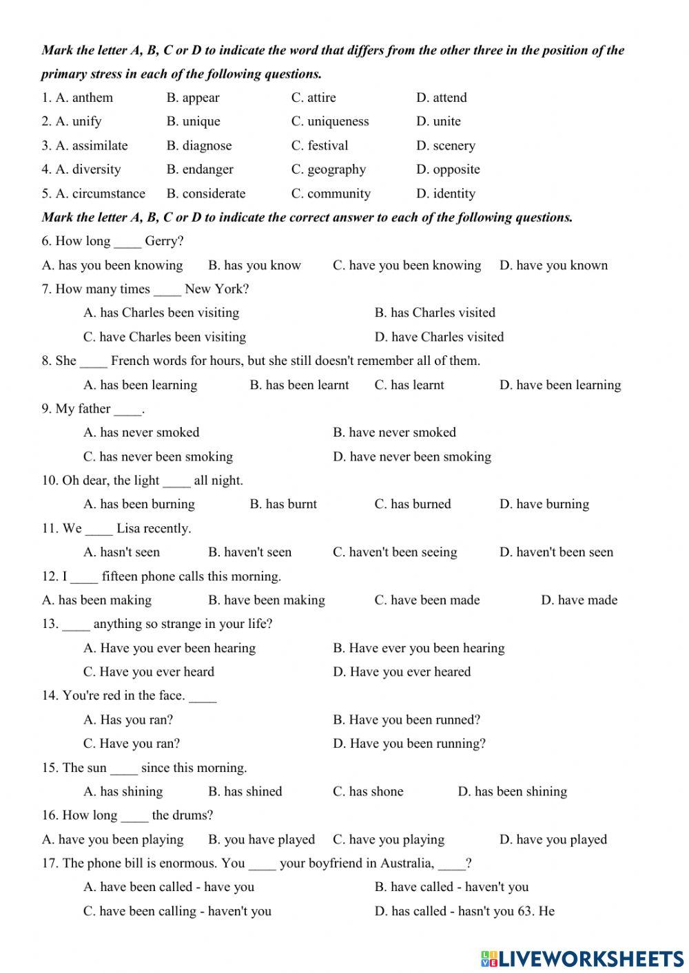 Present perfect continuous activity for 12 | Live Worksheets