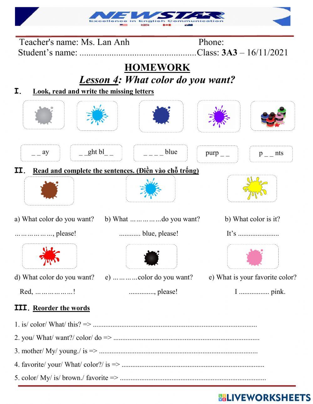 Homework 3a3-l4-what color do you want worksheet | Live Worksheets