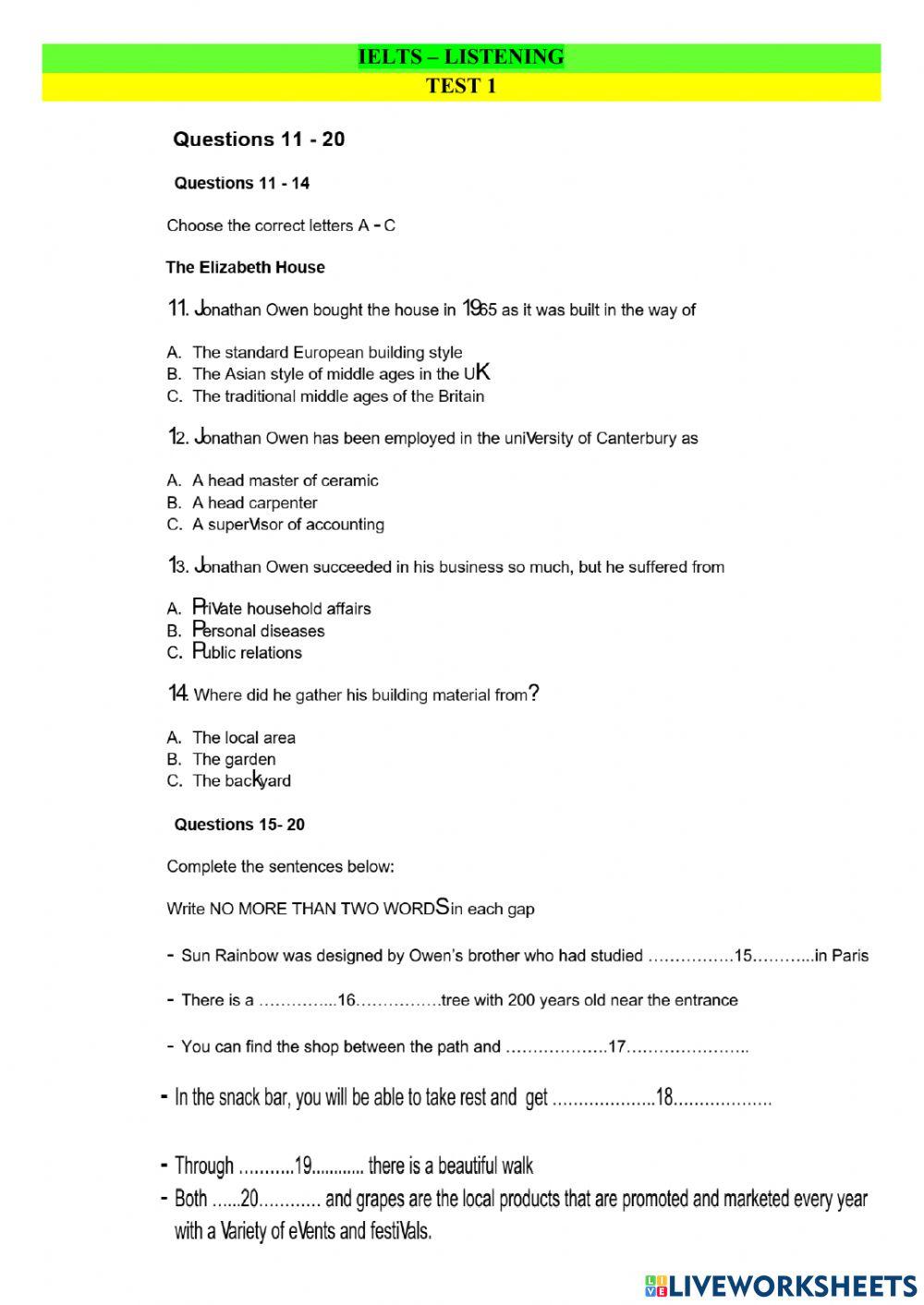 IELTS LISTENING TEST 1-SECTION 2 online exercise for | Live Worksheets