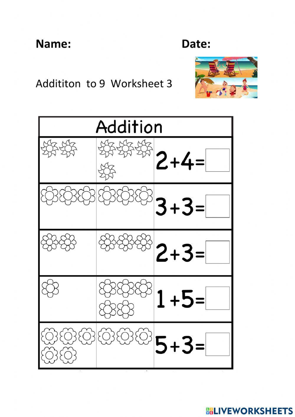 Addition to 9 Worksheet 3 worksheet | Live Worksheets
