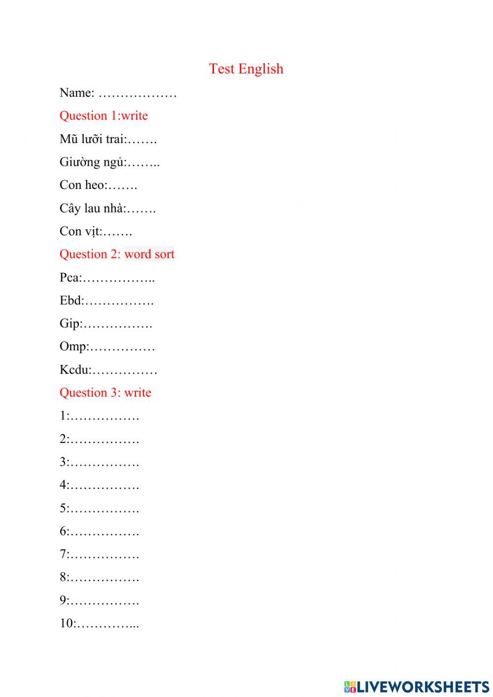 Test english 2 worksheet | Live Worksheets