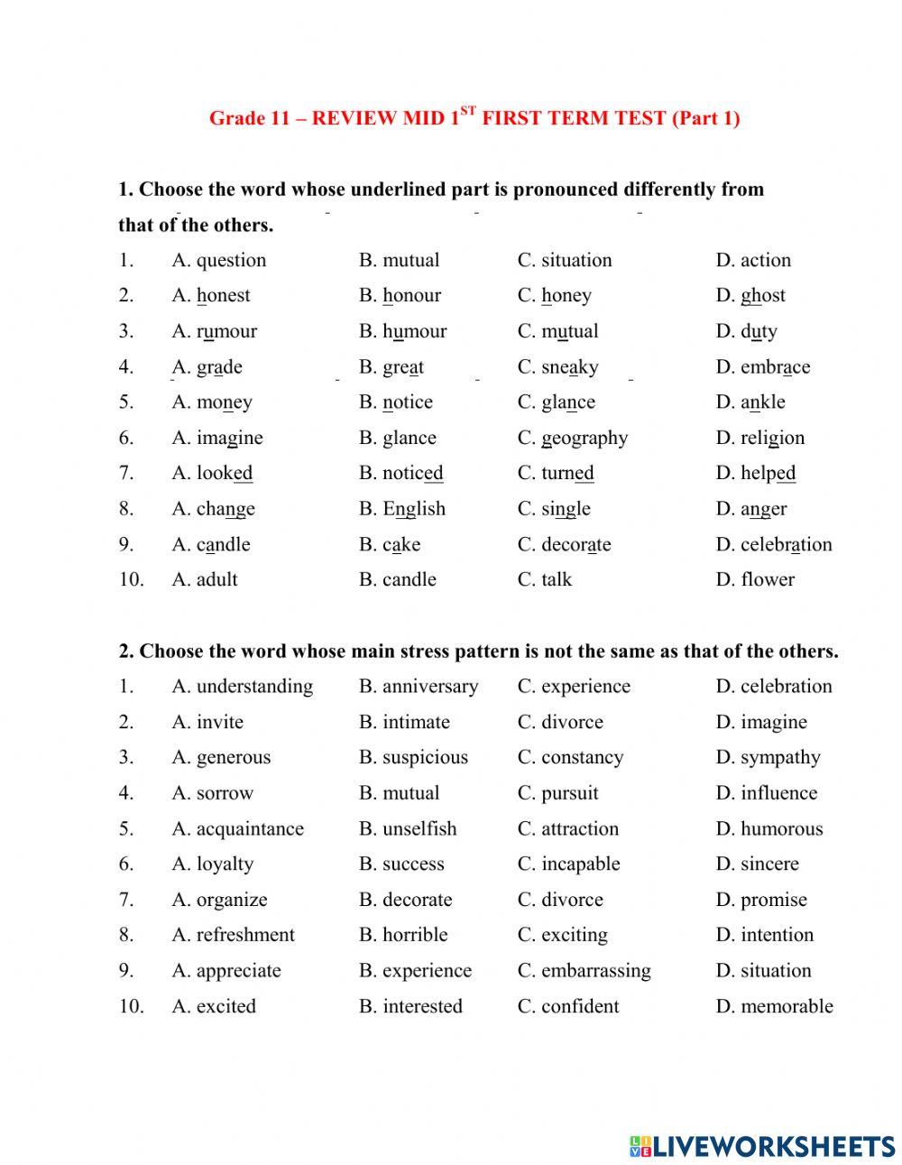 Grade 11- Review 1 (P1) worksheet | Live Worksheets