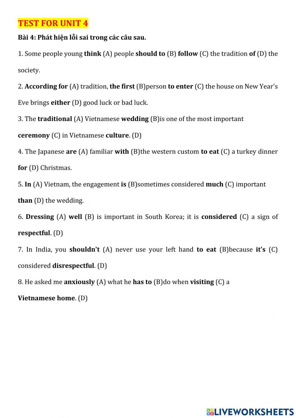 8b Test For U4 B4 Worksheet Live Worksheets