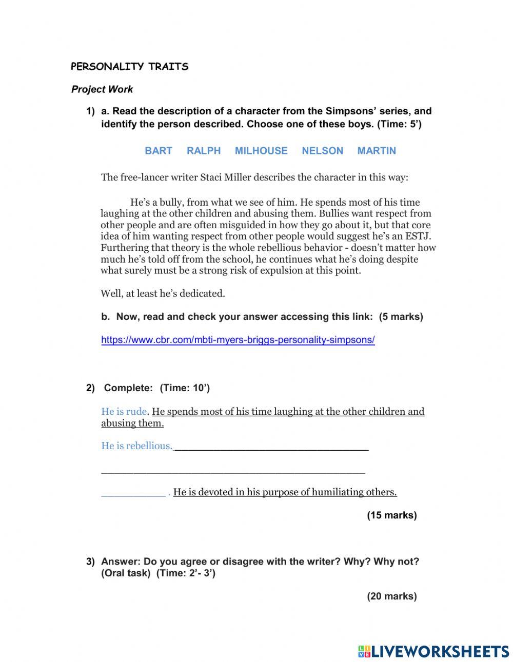 Test on personality traits interactive worksheet | Live Worksheets