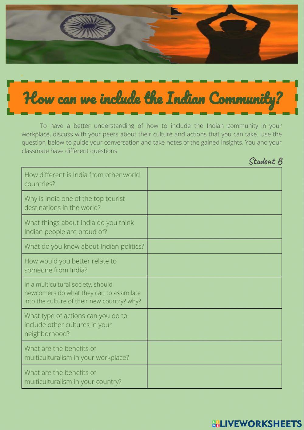 Student B: Including the Indian Community worksheet | Live Worksheets