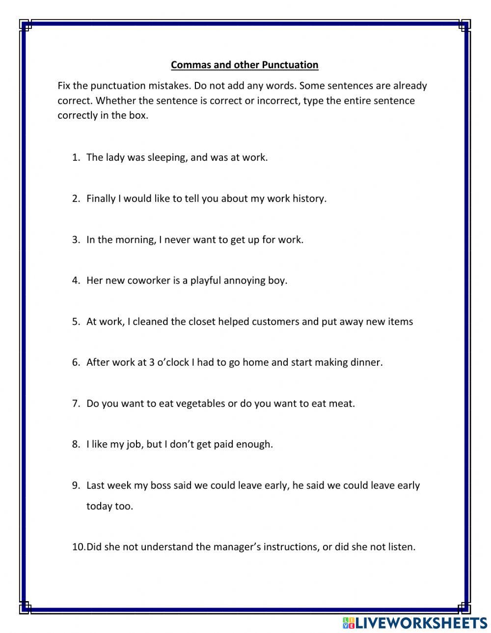 comma punctuation worksheet